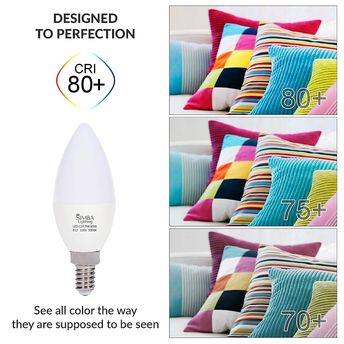 Simba Lighting LED Candelabra Light Bulbs B11 (C37) Candle Shape E12 Base (6 Pack) | Decorative 7W 60W Replacement 110V, 120V for Chandelier, Ceiling Fan, PC Cover, Non-Dimmable, Daylight 5000K