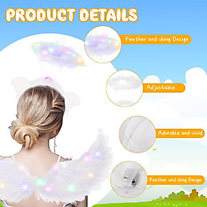 Liitrsh 4 Sets Light up Angel Wings and Headband Set White Angel Wings Costume for Girls Led Angel Feather Wings for Kids Women Halloween Christmas