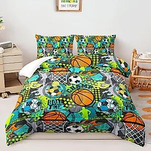 AILONEN Sport Comforter Set Queen Size,Printed Basketball Soccer Bedding Set for Kids Boys Teens,3 Piece Sport Theme Duvet Set for Bedroom Decor,1 Comforter and 2 Pillowcases