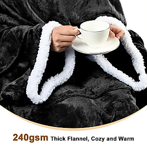 Tirrinia Sherpa Hood Wearable Blanket for Adult Women and Men, Super Soft Comfy Warm Plush Throw with Sleeves TV Blanket Wrap Robe Hoodie Cover for Sofa, Couch 72" x 55" Black