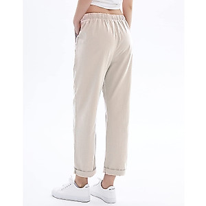 Women's Drawstring Linen Pants Women Elastic Waist Soft Cotton Cropped Linen Pant Large Khaki