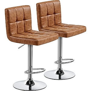 Yaheetech Bar Stools Set of 2, PU Leather Swivel Barstools, Height Adjustable Counter Chairs, Modern Stools with Back for Bar Kitchen Island Dining Room, Retro Brown