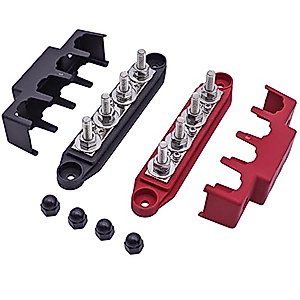 Red & Black Power Distribution Block with Cover,5/16" 4 Studs Bus Bar Power Distribution Block for Auto Marine Car Trailer RV Boat