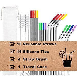 Reusable Stainless Steel Straws -16 Pack 10.5" & 8.5" Reusable Straws with 4 Straw Cleaner Brush and 16 Silicone Tips with 1 Travel Case, Eco Friendly Extra Long Metal Straws for 20 24 30 oz Tumbler