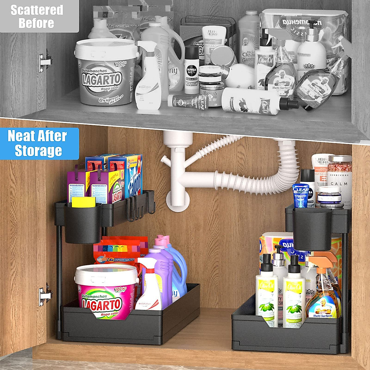 Under Sink Organizers and Storage, LEITAO 2 Tier Under Sliding Cabinet Bathroom Organizer w Hooks, Hanging Cup, Multi-use Pull Out Narrow Space Pull Out Organizer for Home Kitchen Bath Office(2 Pack)