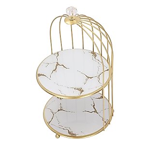 Double Layer Storage Shelf, Glass Bottom Plate Wear Gold Frame Bird Cage Organizer Rack for Bathroom Countertop (White Base Gold Pattern)