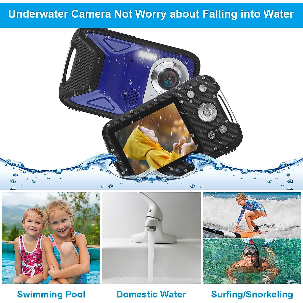 Waterproof Digital Camera 1080P 21MP Underwater Kids Camera with 2.8" LCD Screen 8X Digital Zoom Rechargeable Point and Shoot Camera Compact Portable Digital Camera for Kids Students,Teens Blue