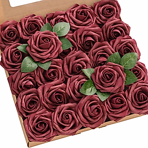 Ling's Moment Artificial Flowers 25Pcs Burgundy Roses Decor w/Stems,3" Real Touch DIY Foam Floral for Wedding Bouquet/Centerpieces, Outdoors Party Backdrop, Room/Table, and Garden/Pot Decorations