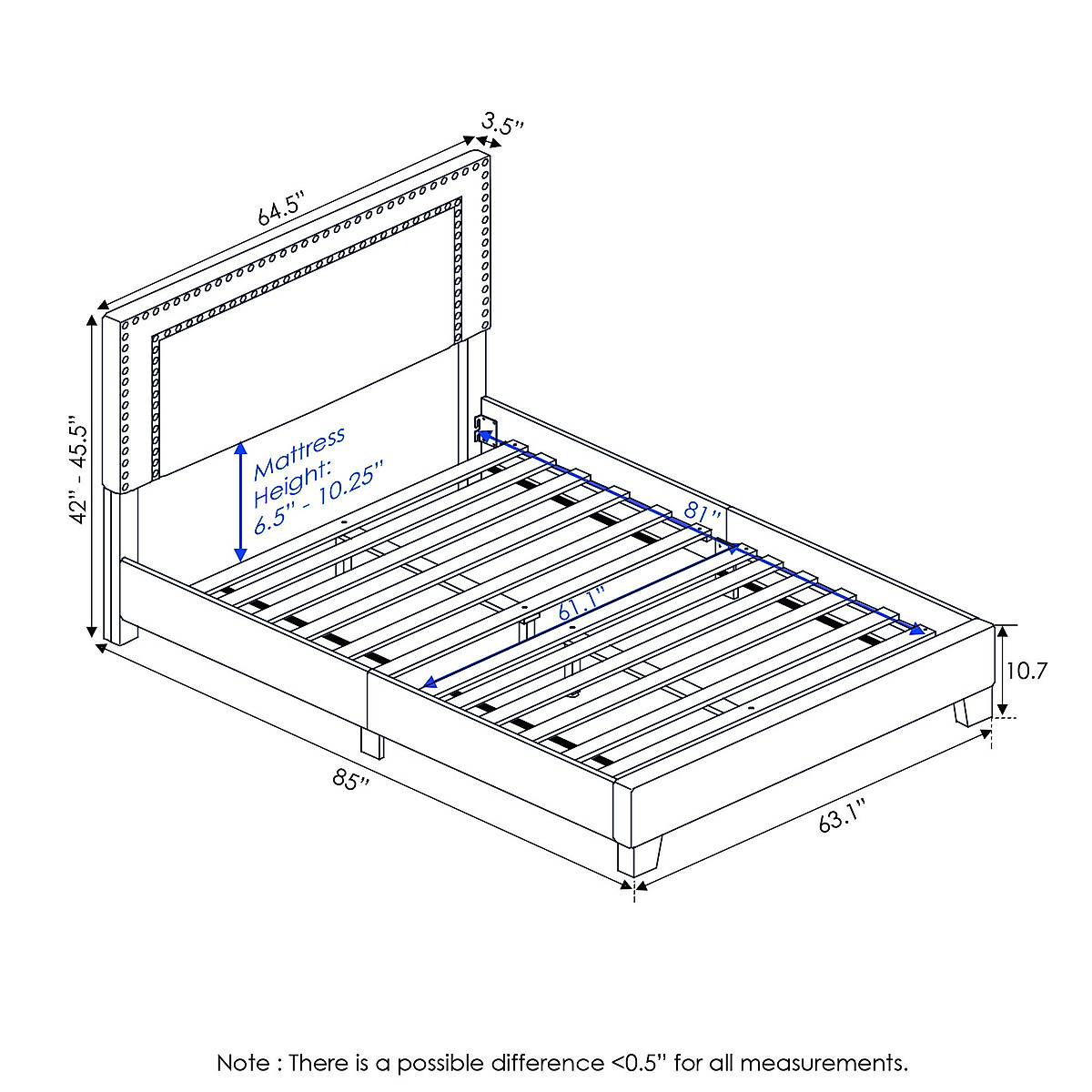 Furinno Laval Double Row Nail Head Upholstered Platform Bed Frame, Queen, Glacier
