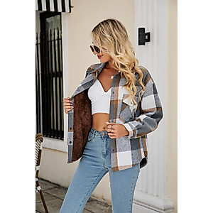 APAFES Women’s Warm Plaid Shirt Soft Sherpa Lined Shacket Casual Snap Fastener Truck Jacket with Pockets(643-GreyKhaki-M)