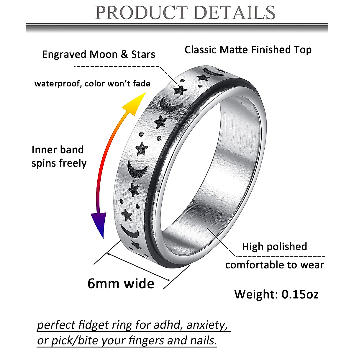 ALEXTINA Anxiety Ring for Women Fidget Ring Moon Star Ring Anti Anxiety Spinner Ring Spinning Ring for Anxiety Stress Relief Gift, Size 11