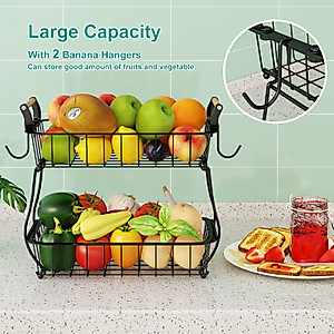 2 Tier Fruit Basket with 2 Banana Hangers, Countertop Fruit Vegetable Basket Bowl for Kitchen Counter Metal Wire Storage Basket Fruits Stand Holder Organizer for Bread Snack Veggies Produce, Black