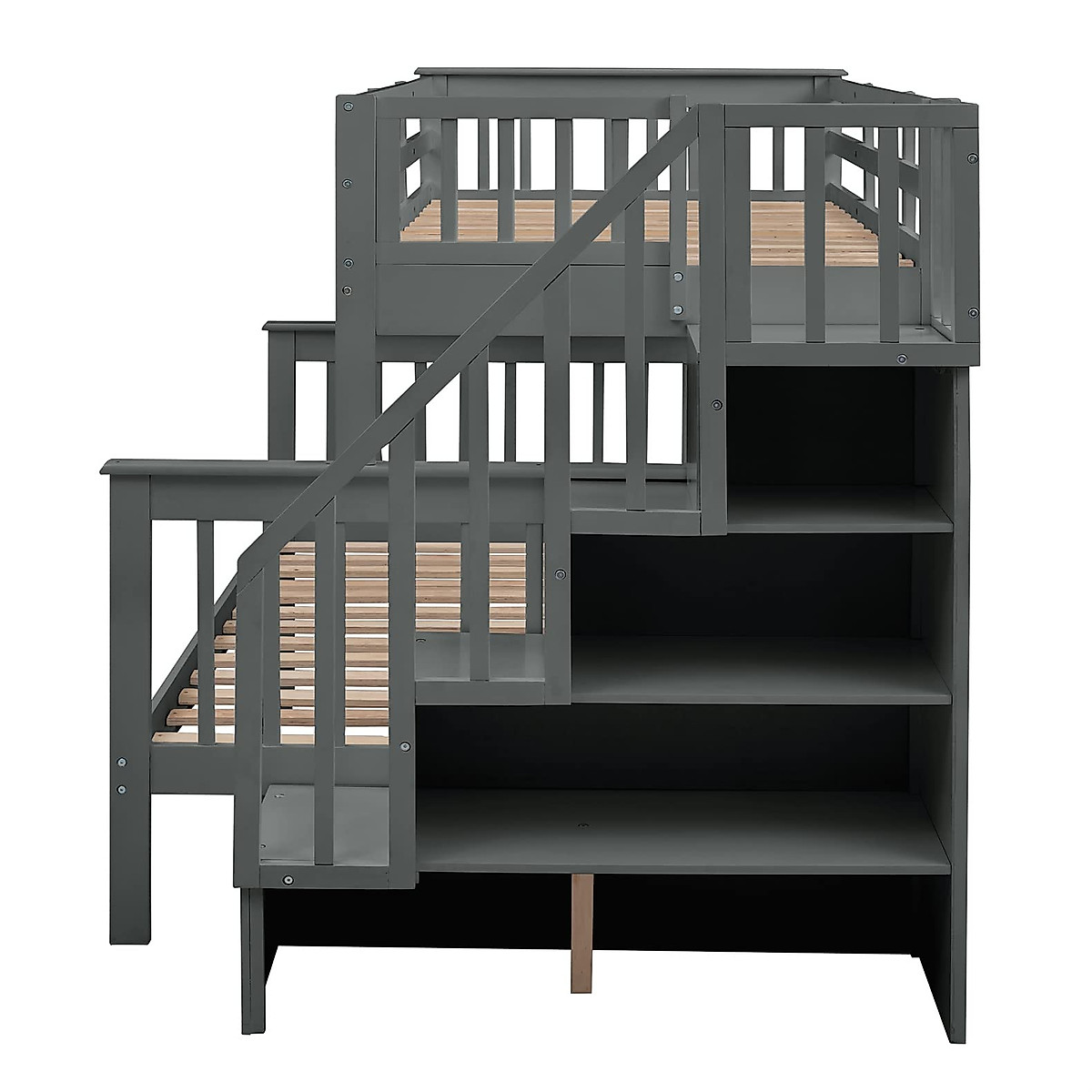 Twin Over Full Bunk Bed with Stairs and Trundle Wood Stairway Bunk Beds with Storage Shelf for Kids Boys Girls Teens, Gray