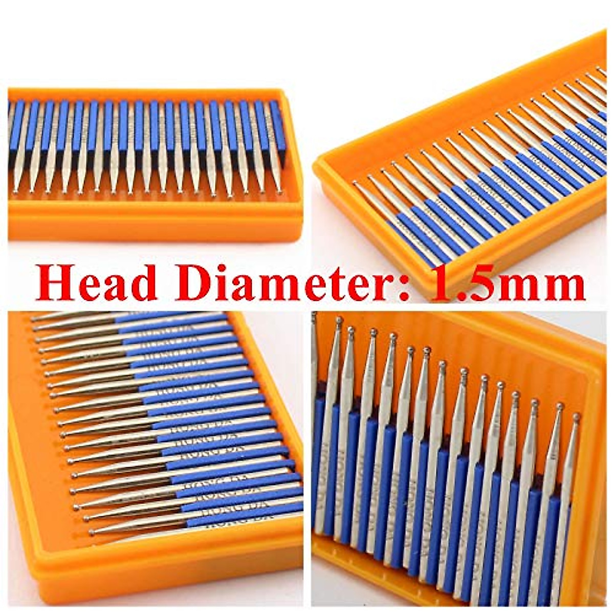 JINGLING Diamond Grinding Bits 1.5mm Spherical Head Bur w Shank 2.35mm Pack of 30Pcs