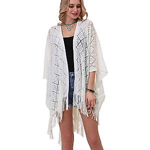Knit Shawl Wrap for Women - Soul Young Ladies Fringe Knitted Poncho Cardigan Cape(One Size,Cream White Block)