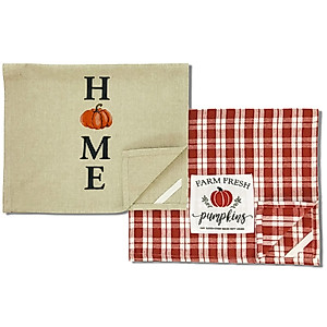 Serafina Home Fall Pumpkin Kitchen Dish Towels Set, 3pc: Colorful Autumn Red Orange Plaid with Farm Fresh Pumpkins Rustic Applique Background.