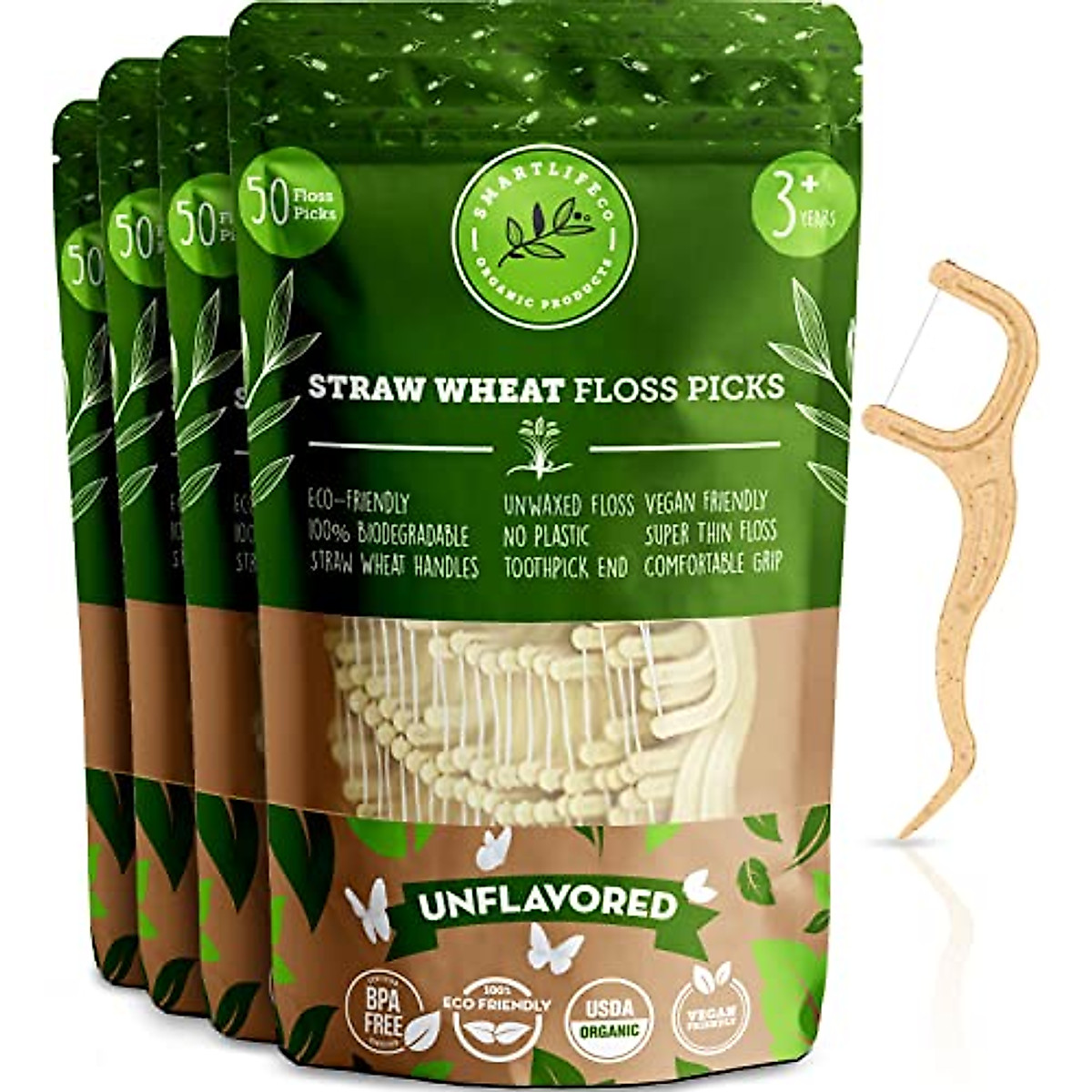 Unflavored Dental Floss Picks - Biodegradable Plastic Free Tooth Flosser for Adults & Kids | Unwaxed Eco Friendly Thin Thread | Zero Waste Toothpick Stick Soft On Gum & Teeth | Natural Organic Vegan