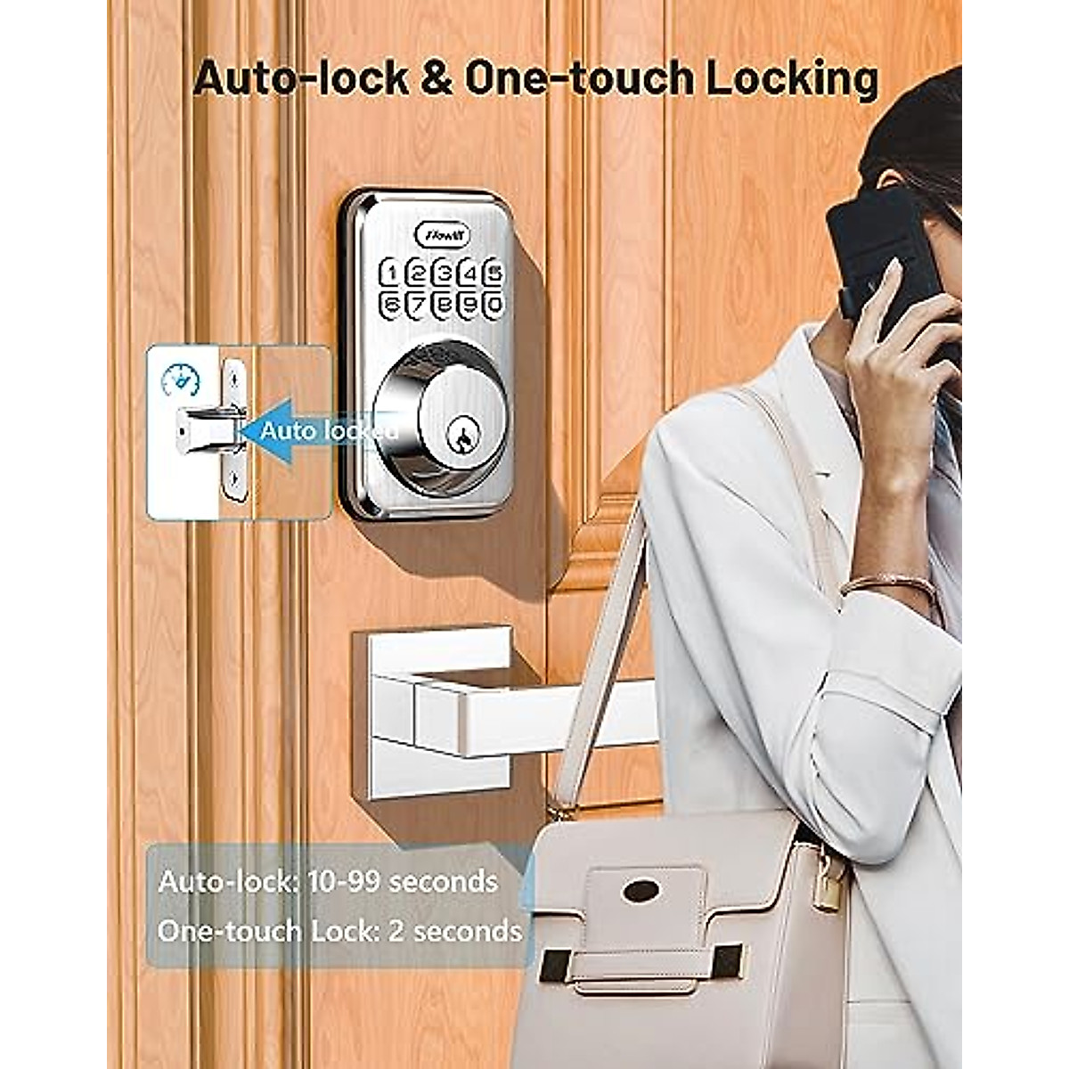 Zowill Keyless Entry Door Lock with 2 Lever Handles, Electronic Keypad Deadbolt, Auto-Locking, Anti-Peeping Password, Digital Smart Code Door Lock, Front Door Handle Sets, Satin Nickel