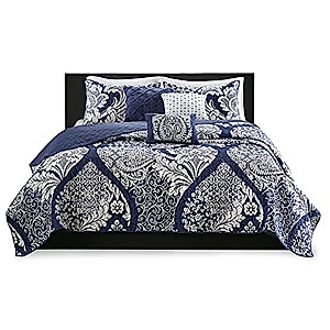 Madison Park Vienna Reversible Cotton Quilt-Luxury Stitching Design All Season, Breathable Coverlet Bedspread Bedding, Shams, Decorative Pillow, King/Cal King, Indigo 6 Piece