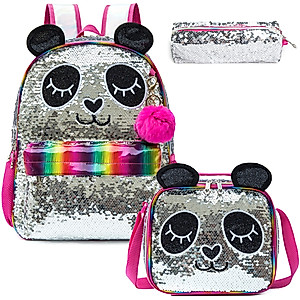 Kids Girls Panda Backpacks for Teen Girls High Elementary Middle School Backpack for Girls Backpack with Lunch Box and Pencil Case School Backpack for Girls 16" 3PCS Silver Sequin Red Backpack