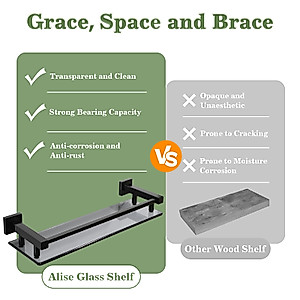 Alise Glass Bathroom Shelf, Matte Black Tempered Glass Shelves for Bathroom, Stainless Steel Modern Bathroom Floating Shelves Wall Mounted, 16 inch