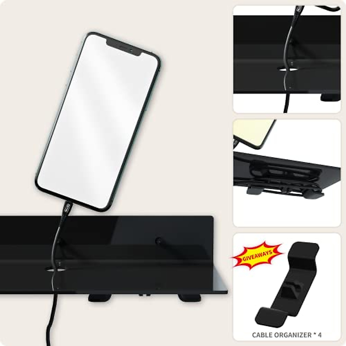 OMNINOVA Acrylic Adhesive Shelf Set of 4, 12" Small Floating Shelves for Wall Storage to Expand Space, Wall Shelves Decor for Bedroom, Living Room, Bathroom with Cable Organizer-Black