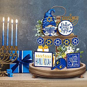 10 Pieces Happy Hanukkah Tiered Tray Decor-Hanukkah Wood Signs Decor with Star of David, Hanukkah Gnome, Mini Menorah, Hanukkah Party Wooden Decor for Hanukkah Farmhouse Home Table Decor