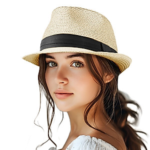 Straw Fedora Hat Short Brim Packable Roll Up Trilby Hat Classic Adjustable Panama Summer Beach Sun Hat UPF 50+ (One Size, Natural)