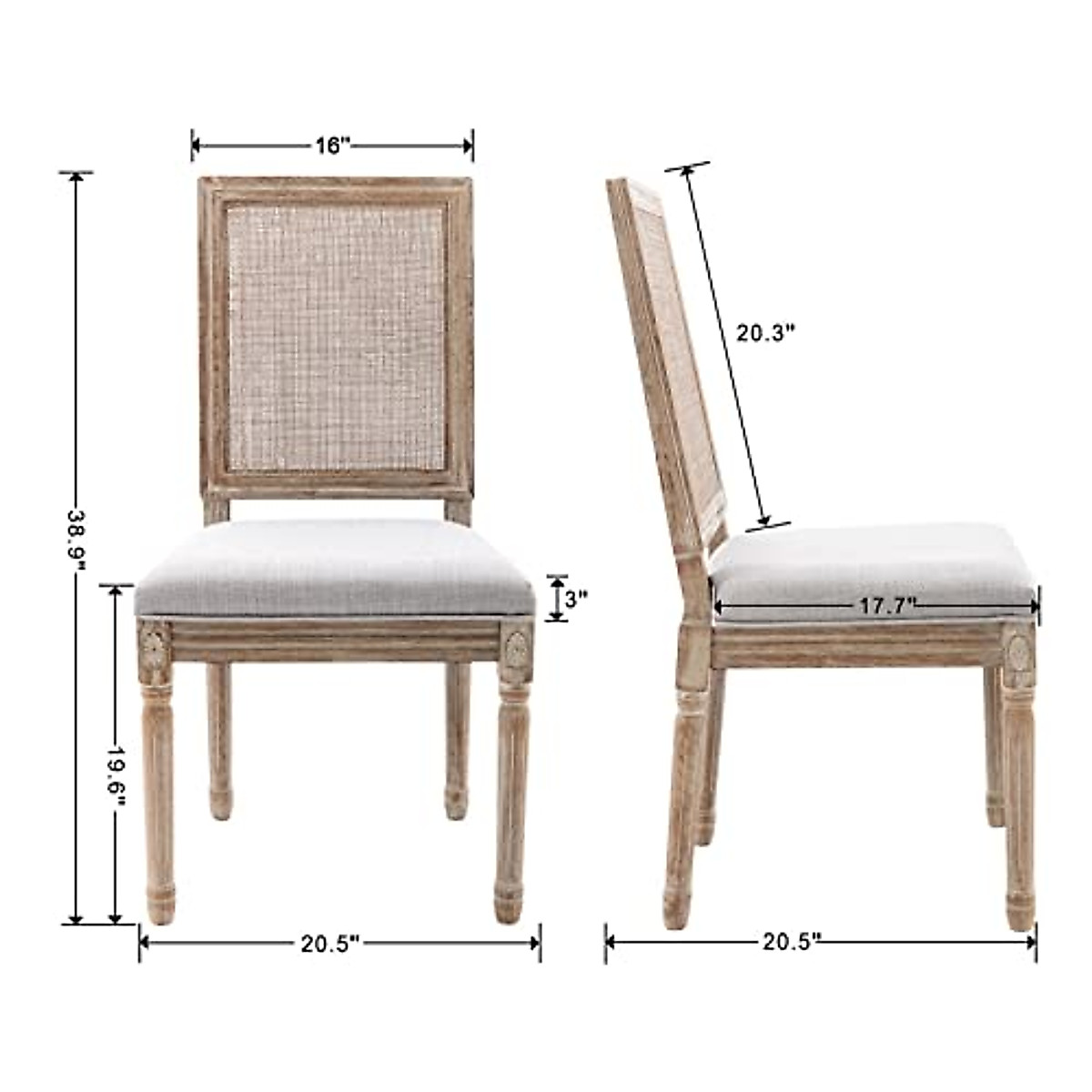 CIMOTA Farmhouse Dining Chairs Set of 2, French Rattan Dining Room Chairs with Rectangle Back/Distressed Wood Upholstered Vintage Side Chairs for Kitchen/Restaurant, Grey/2PCS