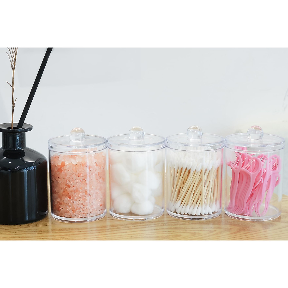 Aynoo 1 Pack Qtip Holder Dispenser Apothecary Jars for Cotton Swabs, Cotton Pads, Floss Picks Vanity Makeup Storage Organizer Set, Clear, 1 Pack, 12 oz