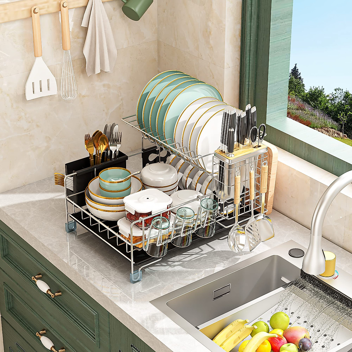 slhsy Dish Drying Rack, Stainless Steel 2-Tier Dish Rack with Cup Holder Utensil Holder Cutting Board Holder Knife Holder Drain Board for Kitchen Counter