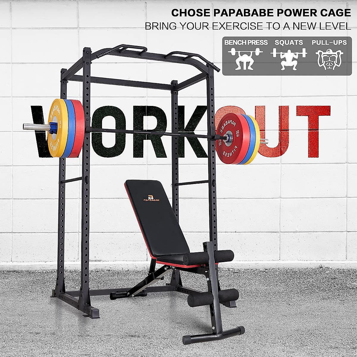 papababe Power Cage, Squat Rack 1200lb Capacity with 2 Extra J-Hooks for Strength Training