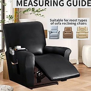 HewTLES PU Leather Recliner Cover, Elastic Waterproof Sofa Cover, 4-Piece Recliner Cover with Pockets, Easy to Clean Recliner Covers for Large Recliner，Added armrest Storage Pockets (Black)