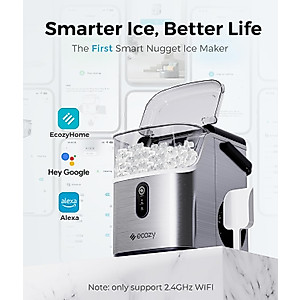 ecozy Smart Nugget Ice Maker Countertop, Pebble Ice Maker with 35lbs/24H Soft Chewable Ice, Self-Cleaning Ice Machine with Voice Control for Home Kitchen Party Bar Office, Stainless Steel