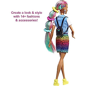 Barbie Doll Leopard Rainbow Hair Brunette With Color-Change Highlights & 16 Styling Accessories Including Clothes, Scrunchies, Brush & More