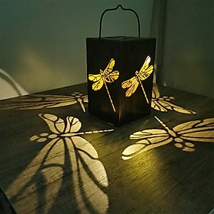2 Pack Solar Lantern, Outdoor Hollow Dragonfly Hanging Lamp Garden Iron Lawn Projection Lamp, Waterproof Led Flashing Flameless Candlestick Task Lamp, Used for Porch Courtyard Lawn Passage