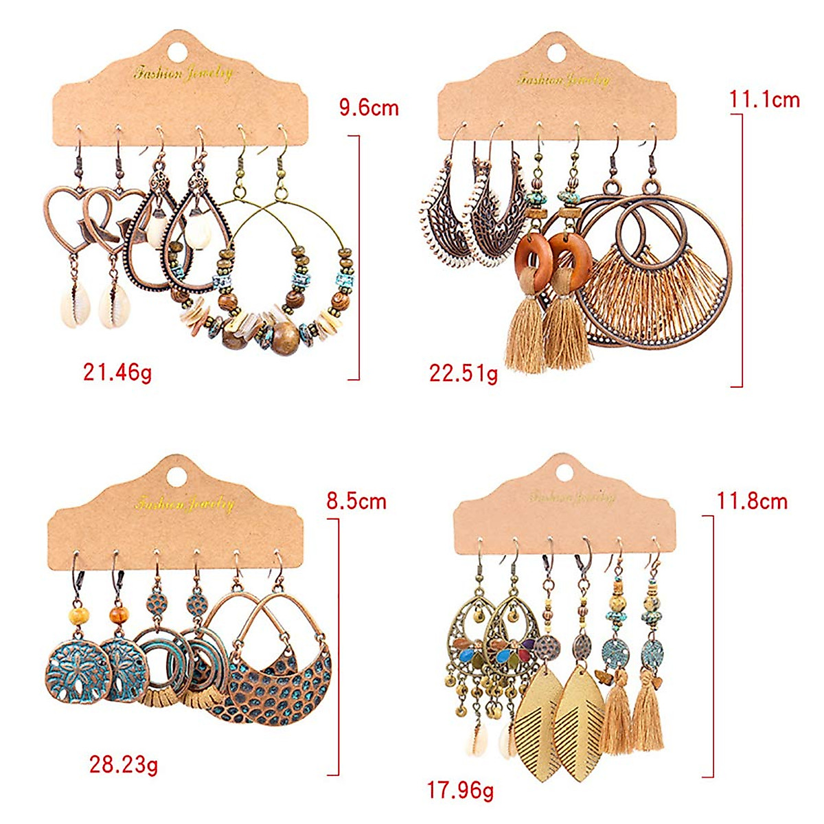 Boho Dangle Earrings Set for Women Long Tassel Dangles Earrings National Style Leather Leaf Drop Earrings Vintage Heart Shell Wooden Beads Hoop Earrings for Holiday