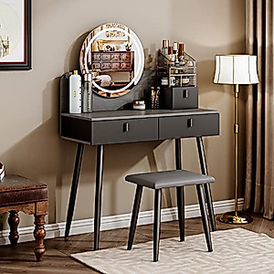 DOLILO 35" Makeup Vanity Desk with Mirror and Lights and Table Set with Vanity Stool 3 Sliding Drawers 3 Modes Brightness Adjustable, (Iron Grey)