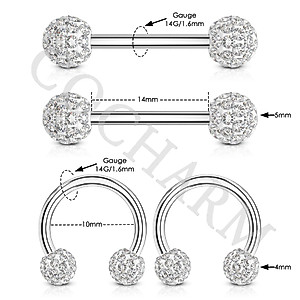 COCHARM 4pcs G23 Solid Titanium Nipple Rings 14g White Nipple Rings Horseshoes Nipple Hoop Nipple Piercing for Women Cute Small Diamond Paved Nipple Barbells
