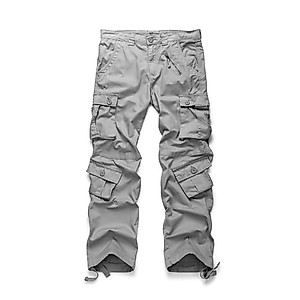 OCHENTA Men's Cotton Casual Cargo Work Pants Military Tactical Combat with 8 Pockets Hiking Slacks Light Grey 32