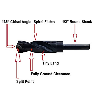 MAXTOOL 1-1/8" Silver and Deming Drill Bits HSS M2 S & D Drill Bits Prentice Twist Drills Black Oxide 1/2" Reduced Shank 6" OAL; SD02B00R108