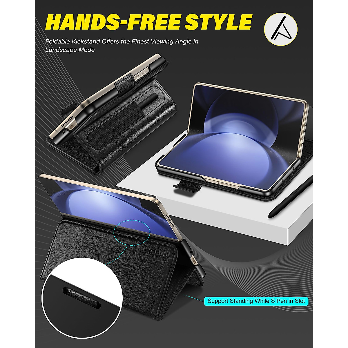 TUCCH Wallet Case for Galaxy Z Fold 5, Shockproof PU Leather Case with S Pen Holder RFID Blocking [Kickstand]Card Slot, PC Shell Flip Cover Compatible with Galaxy Z Fold5 5G 7.6" 2023, Textured Black