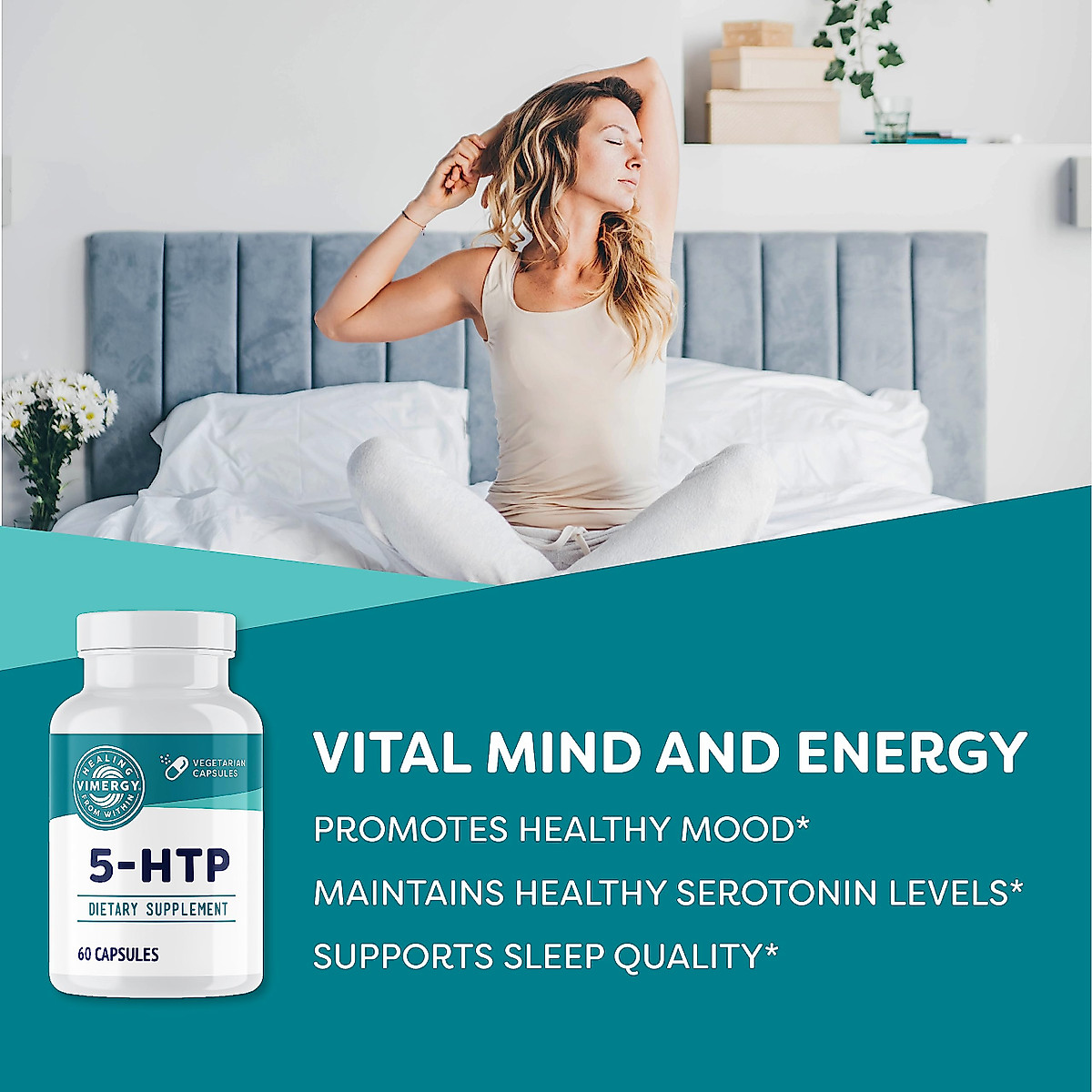Vimergy 5-HTP Capsules, 60 Servings – Healthy Mood & Stress Support Supplement – Promotes Healthy Levels of Serotonin for Stress Management, Vegan, Non-GMO, Gluten-Free, Grain-Free, & Paleo