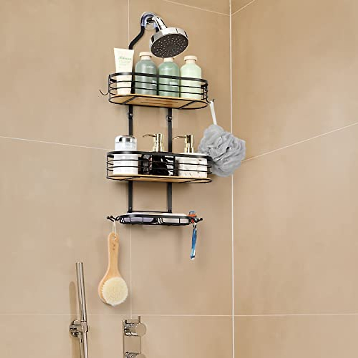 Fogein Bathroom Hanging Shower Caddy Over Shower Head Organizer, Rustproof Shower Organizer with Bamboo Board Hook & Soap Box, Over the Shower Head Caddy, Black