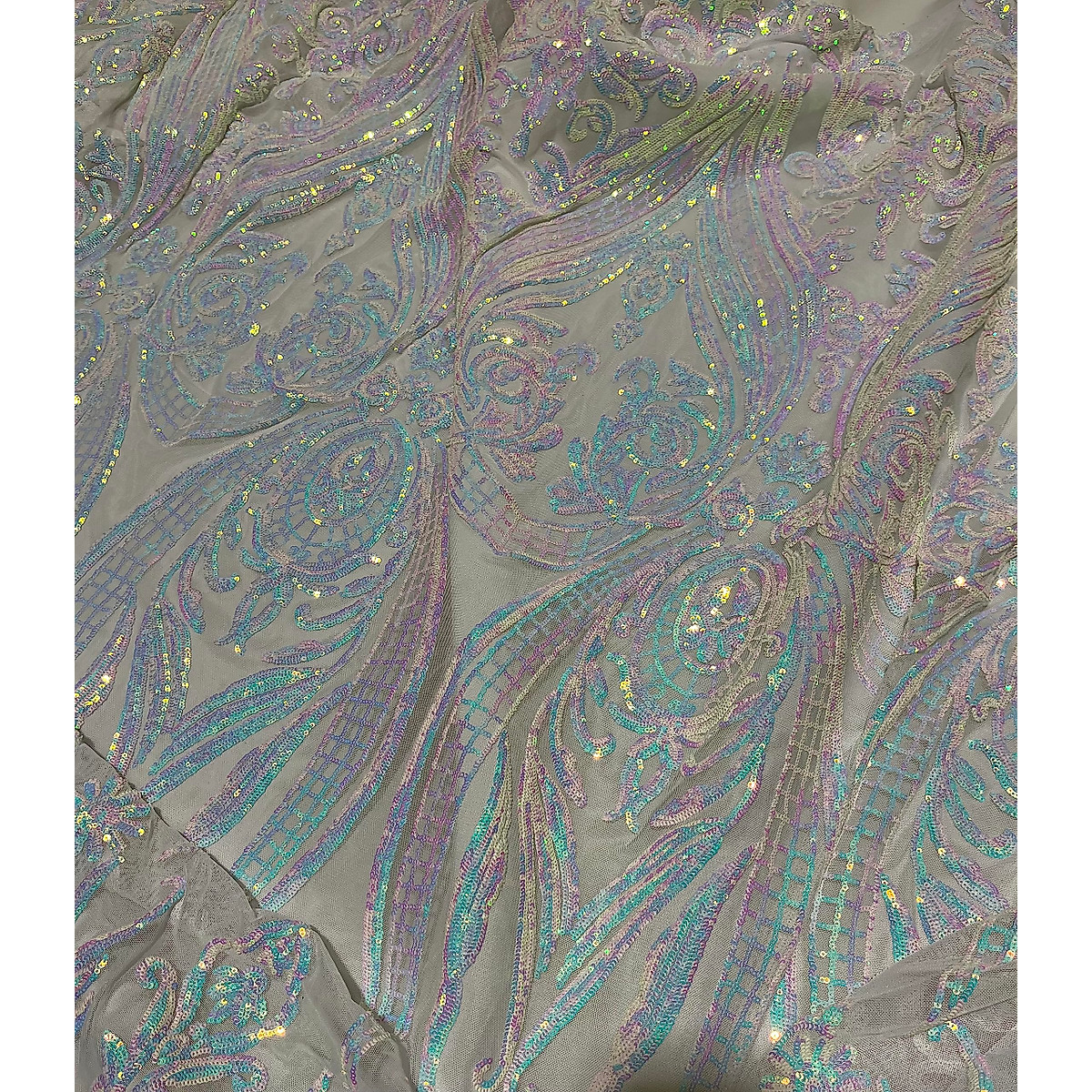 White Iridescent Geometric Stretch Sequin Fabric by The Yard | 4 Way Stretch Fabric Spandex Lace Fabric | White Stretch Mesh Embroidery with 3mm Sequin | White Iridesecent Sequin Fabric-Per Yard