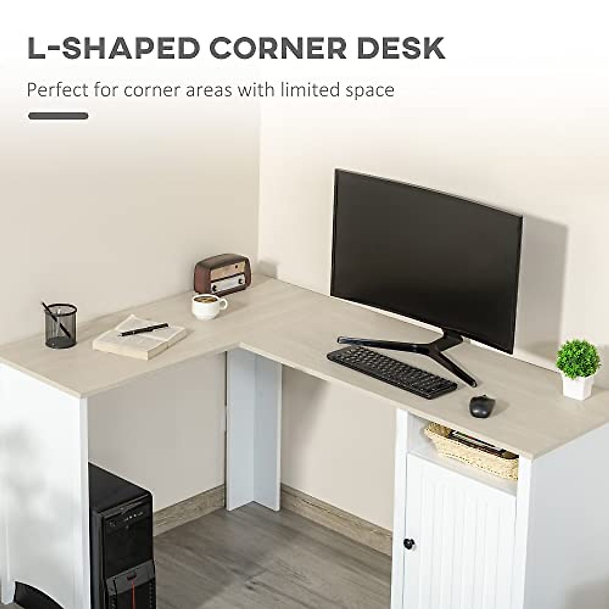 HOMCOM L-Shaped Computer Desk with Open Shelf and Storage Cabinet, Corner Writing Desk with Adjustable Shelf, White