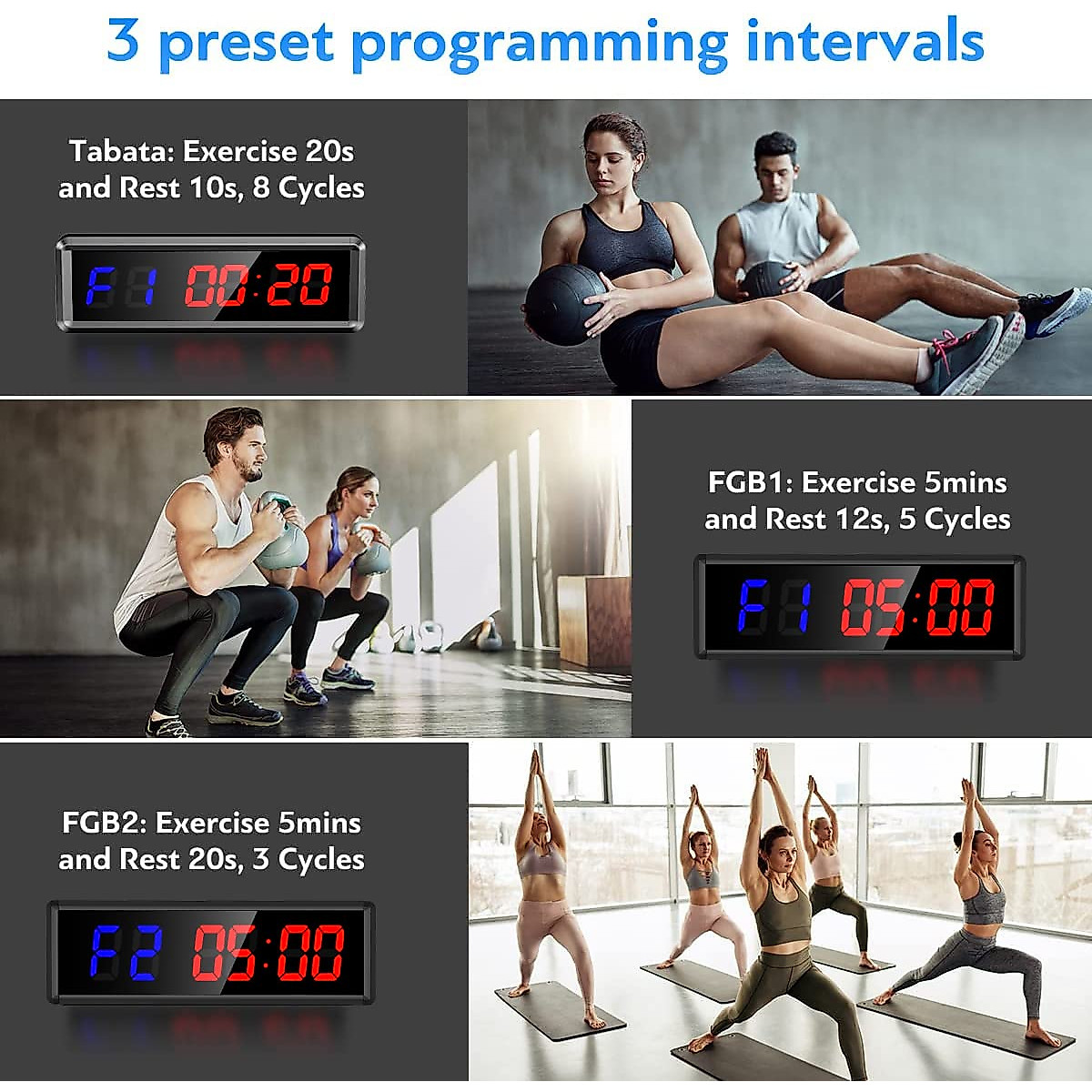 Seesii Gym Timer,LED Workout Colck Count Down/Up Clock,11.5" x 4" Ultra-Clear Digital Display, Power Bank Compatible with Workout Metal Stopwatch, Multi-Scenes with Remote (1.5 Inch Blue Red)