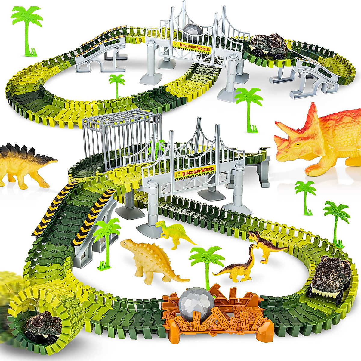 Batlofty Dinosaur Toys Race Track, Flexible Track Playset, Create A Dinosaur World Road Race with 1 Dinosaur Car and 6 Dinosaur Toys for 3 4 5 6 7 Year Old Boys Girls Birthday Gifts