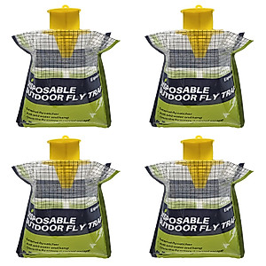 Enposmre 4 Pack Fly Traps Outdoor Hanging Disposable Fly Bags Trap, Effective Fly Catcher with Bait, Fly Killer for Patio, Chicken Coops, Horse Stables, Barns