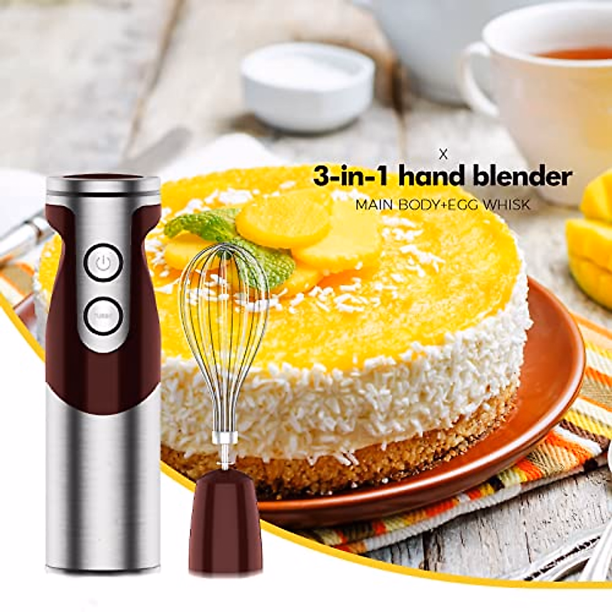 3- in-1 Immersion Hand blender, Powerful 1000W Stainless Steel Stick Blender, 4 Sharpe Blades with Whisk, Milk Frother Attachments